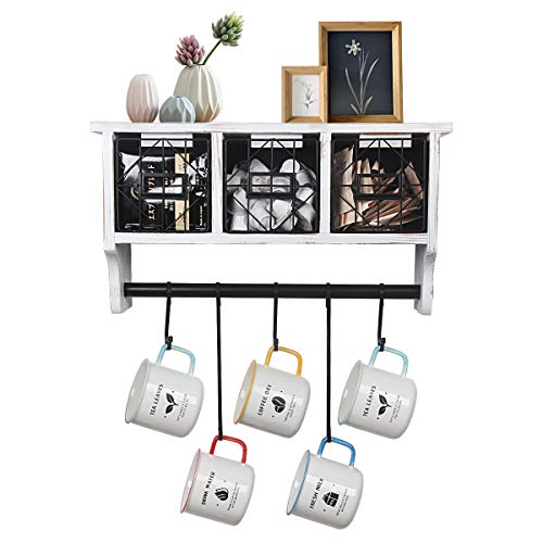 Butizone Rustic Wall Mounted Coat Rack Shelf with Hooks and Baskets, Wood Coffee Mug Storage and Display Organizer, Hanging Entryway Shelf for Coats, Hats, Towel and Keys, White