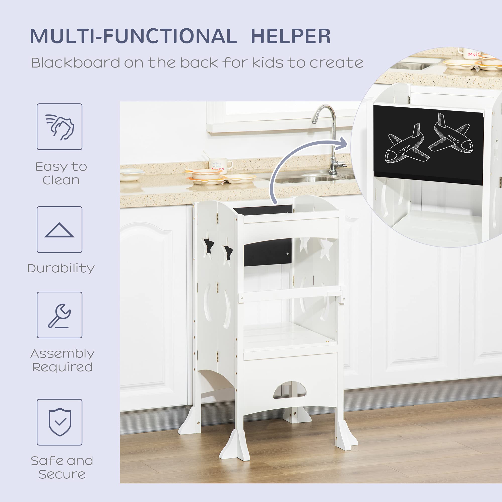 Qaba 2 in 1 Kids Foldable Kitchen Step Stool, Toddler Standing Tower with Chalkboard and Lockable Handrail for Children 3-6 Years Old, White