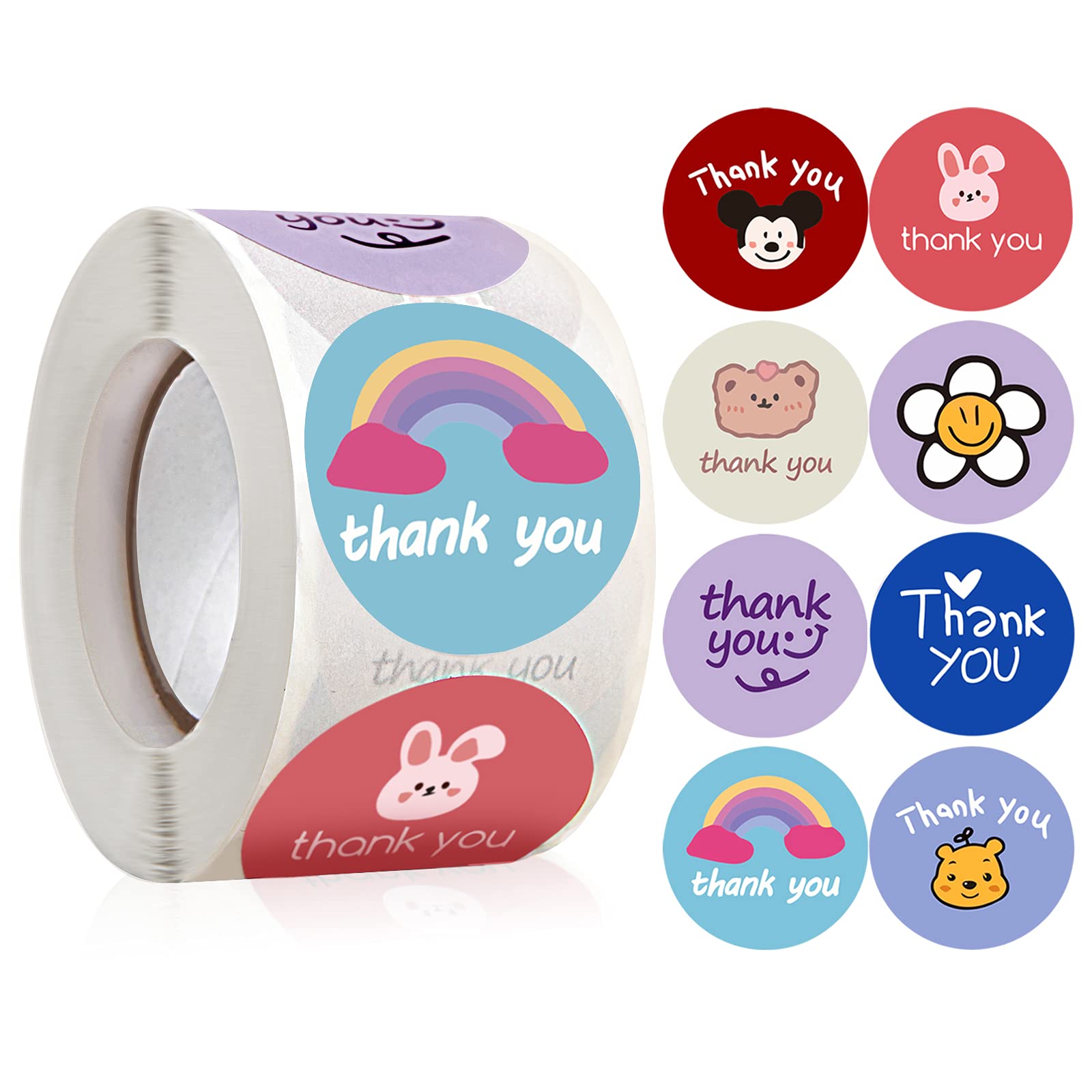 Cute Thank You Stickers Labels Roll 1.5 Inch 8 Designs Round Cartoon Thank You Labels 500Pcs Per Roll for Envelope Seals Stickers Cards Gift Boxes Decoration