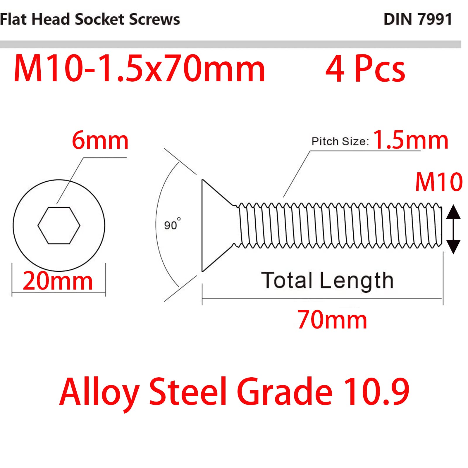 M10-1.5 x 70mm Flat Head Socket Cap Screws,Alloy Steel Grade 10.9, DIN 7991,Black Oxide, Allen Hex Drive,Hex Socket Drive, Fully Thread 4Pcs