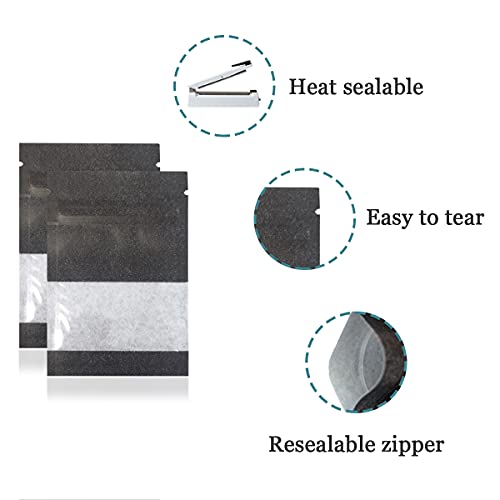 100 Pack Black Kraft Paper Resealable Bags with Clear Window Heat Seal Airtight Pouch for Zip Food Storage Lock Coffee Snack Packaging 3.5x5.1 inch (Inner Size 3.1x3.9 inch)