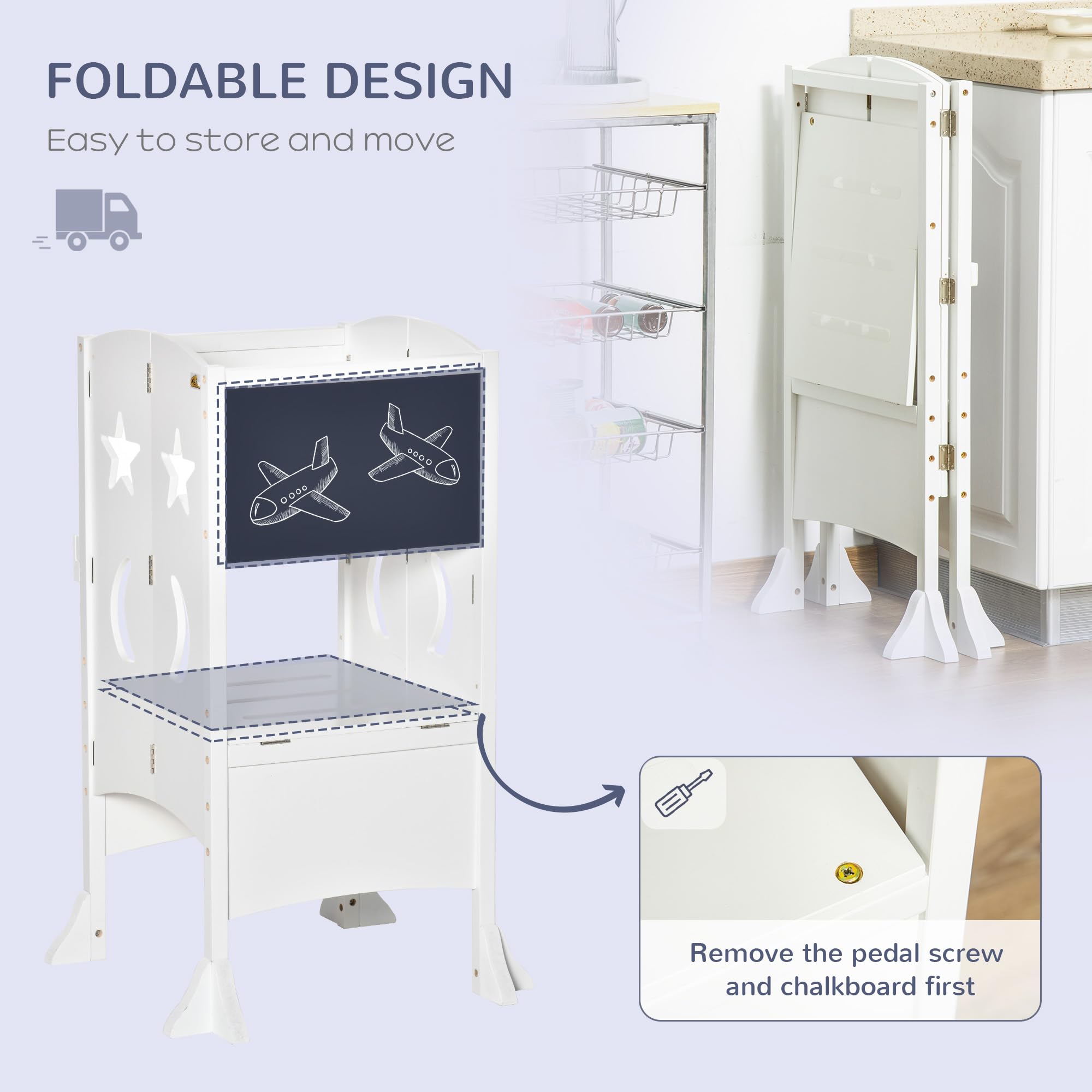 Qaba 2 in 1 Kids Foldable Kitchen Step Stool, Toddler Standing Tower with Chalkboard and Lockable Handrail for Children 3-6 Years Old, White