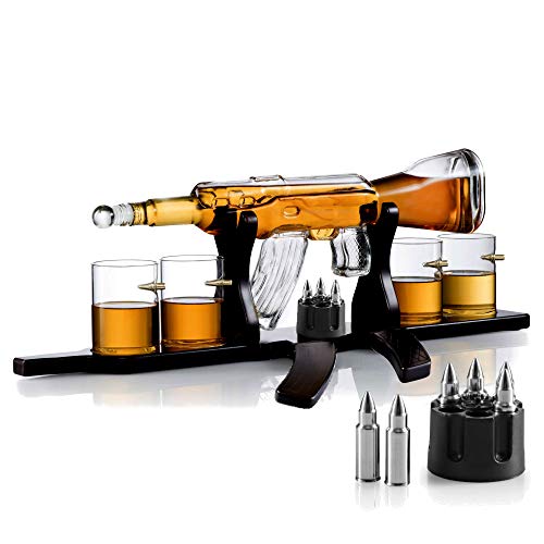 Whiskey Gun Decanter Set + 4 Whisky Bullet Glasses on Gun Shaped Rich Wood Classic Mahogany Base Tray with Bullet Chilling Stones Gift Packaging - for Liquor Scotch Bourbon - Christmas Holiday Gift