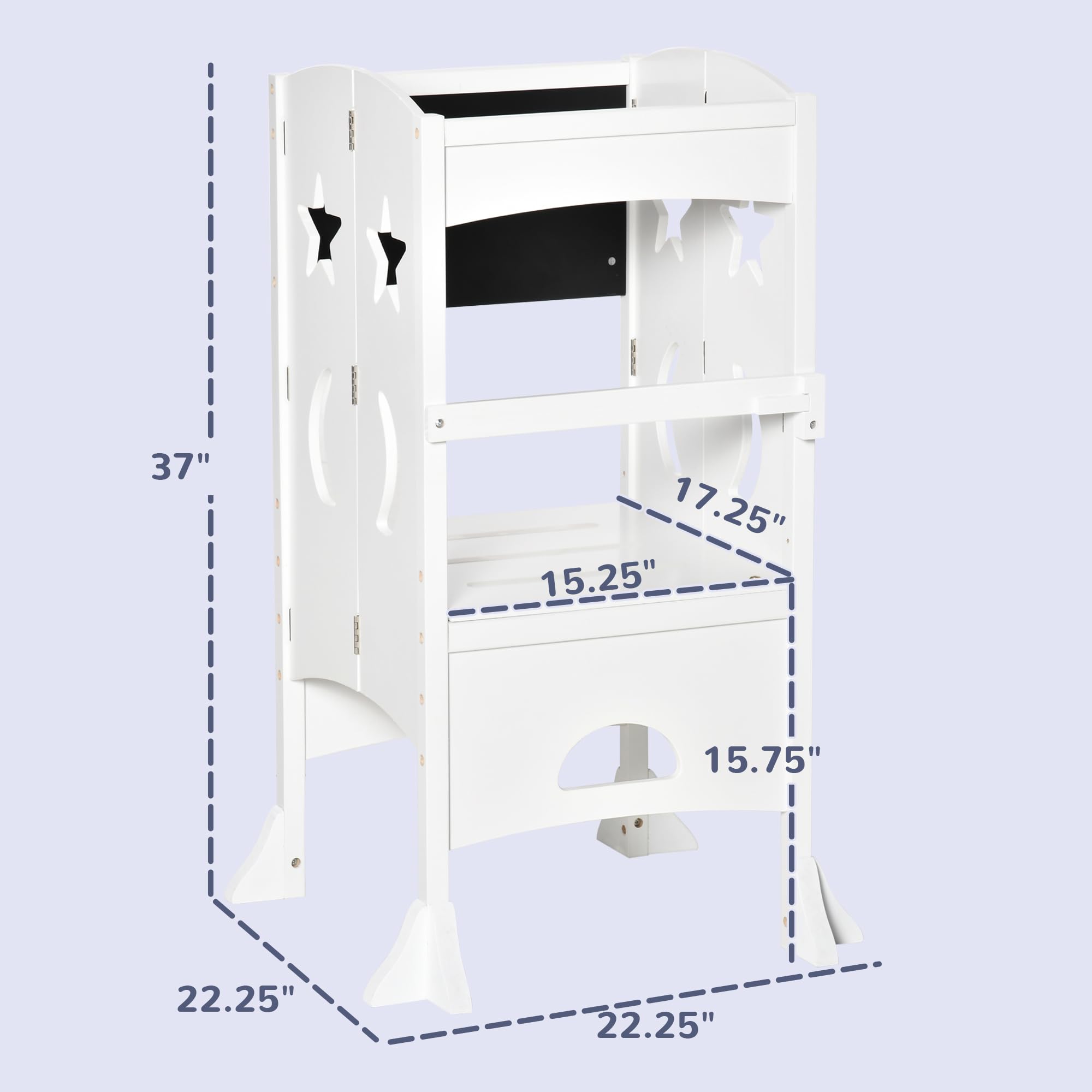 Qaba 2 in 1 Kids Foldable Kitchen Step Stool, Toddler Standing Tower with Chalkboard and Lockable Handrail for Children 3-6 Years Old, White