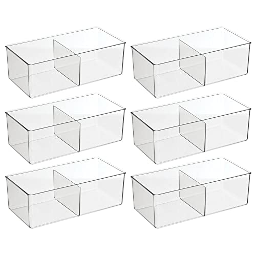 mDesign Plastic 2 Compartment Divided Drawer and Closet Storage Bin - Organizer for Scarves, Socks, Bras, and Underwear - Dress Drawer Organizer, Shelf Organization - 6 Pack - Clear
