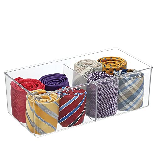 mDesign Plastic 2 Compartment Divided Drawer and Closet Storage Bin - Organizer for Scarves, Socks, Bras, and Underwear - Dress Drawer Organizer, Shelf Organization - 6 Pack - Clear
