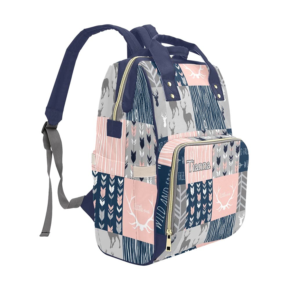 Antlers Elk Deer Feather Arrow Patchwork Blue Diaper Bags with Name Waterproof Mummy Backpack Nappy Nursing Baby Bags Gifts Tote Bag for Women