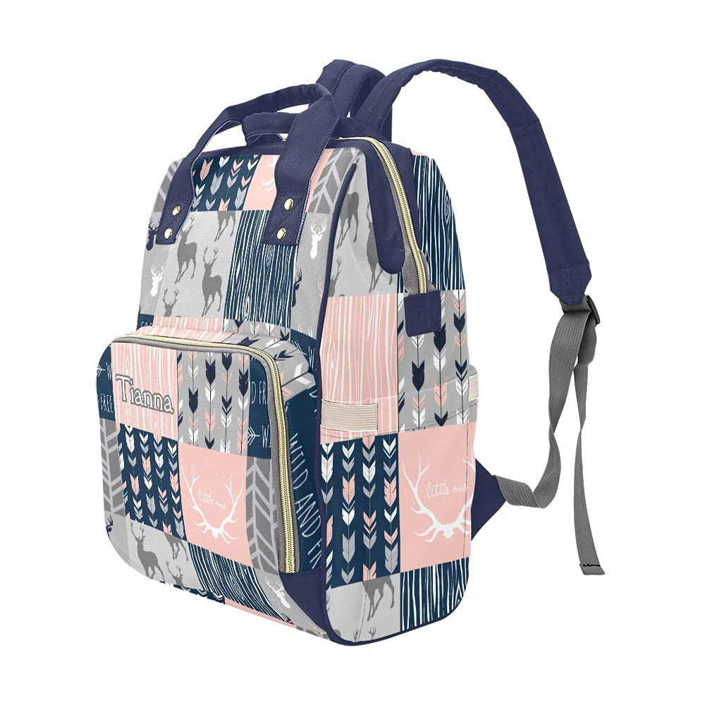 Antlers Elk Deer Feather Arrow Patchwork Blue Diaper Bags with Name Waterproof Mummy Backpack Nappy Nursing Baby Bags Gifts Tote Bag for Women