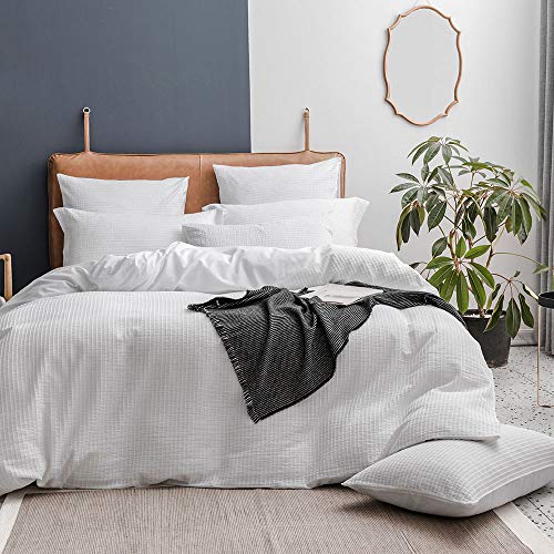 Merryfeel Seersucker Duvet Cover Set Queen Size - White Seersucker Textured Striped Bedding Set 3 Pieces (1 Duvet Cover + 2 Pillow Shams, 90 x 90 inches)