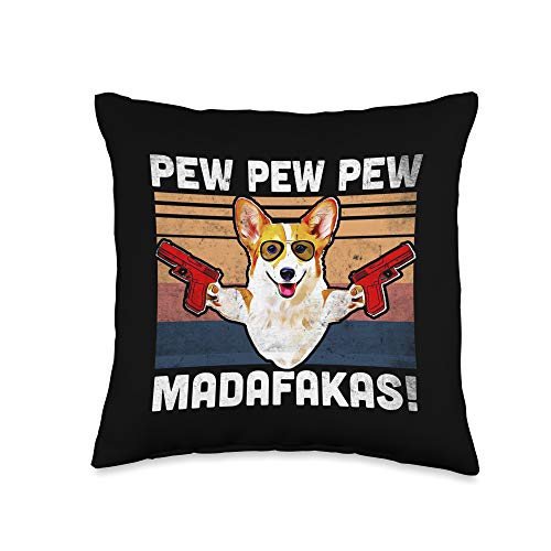 Welsh Corgi Pew Pew Madafakas Vintage Corgi Stuffed Animal Throw Pillow, 16x16, Multicolor
