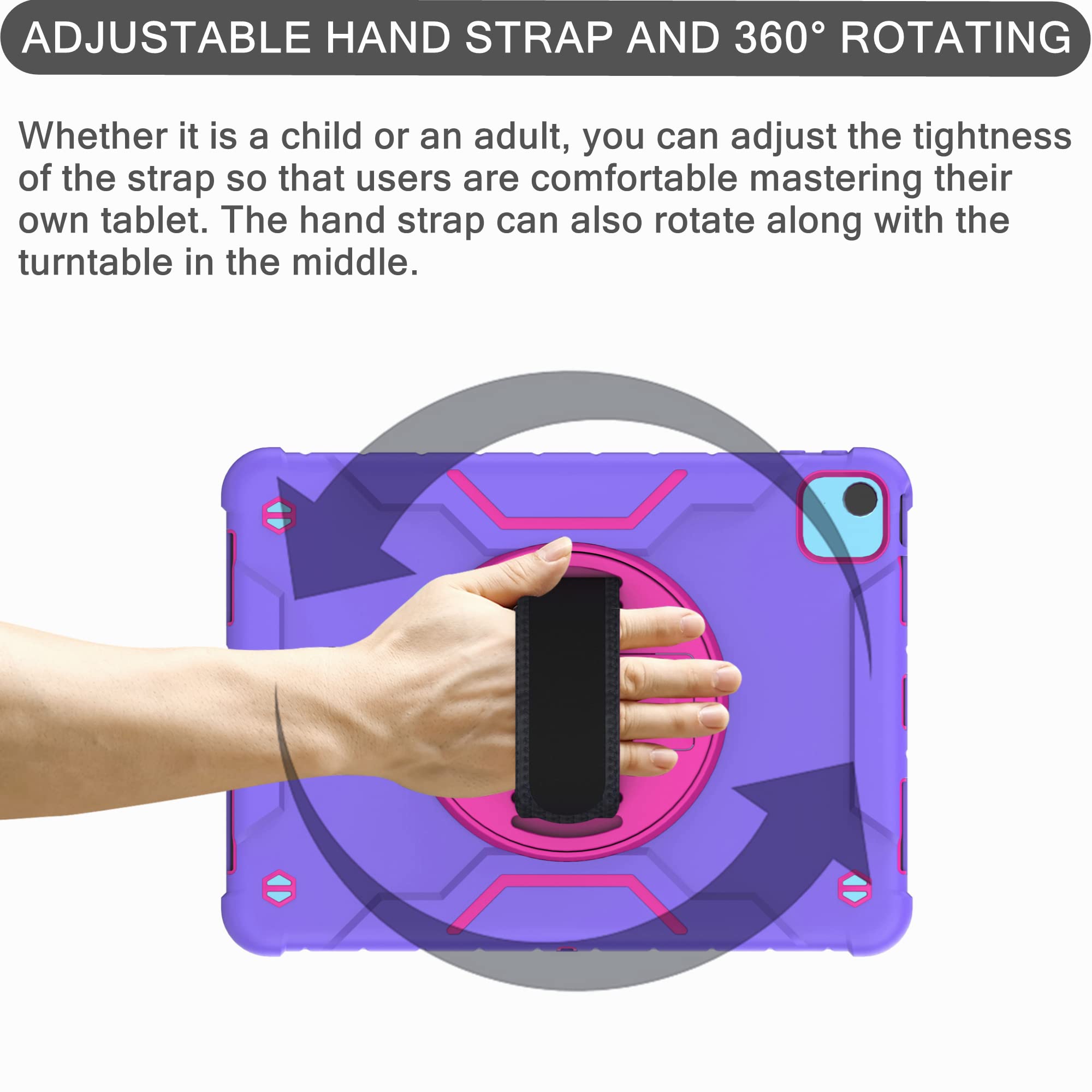 Kids Case for 10.9-inch iPad Air 5th/4th Generation (2022/2020)/iPad Pro 11-inch (2020/2018) with Built-in Screen Protector, 360° Rotating Stand, Hand Strap & Three Layer Cover (Purple + Hot Pink)