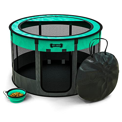 Ruff 'N Ruffus Portable Foldable Pet Playpen +Free Carrying Case + Free Travel Bowl (Medium (36x36x23 inches), Aqua (Blue))