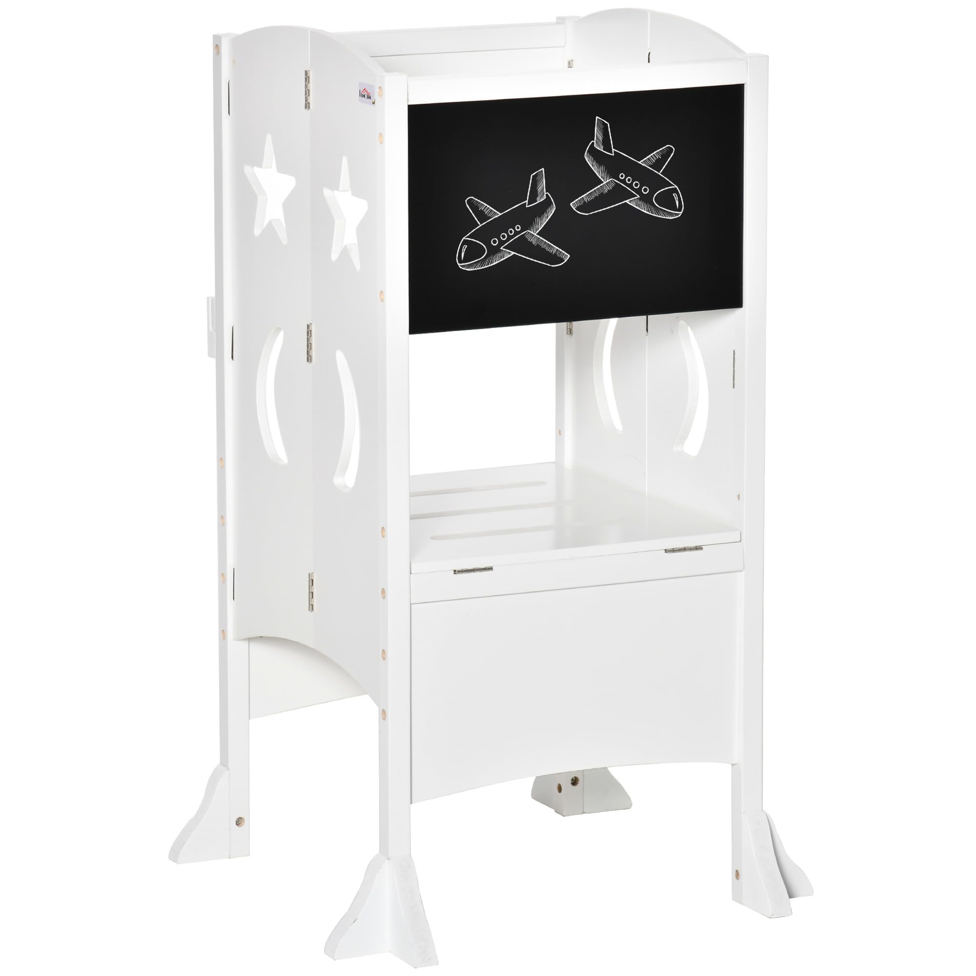 Qaba 2 in 1 Kids Foldable Kitchen Step Stool, Toddler Standing Tower with Chalkboard and Lockable Handrail for Children 3-6 Years Old, White