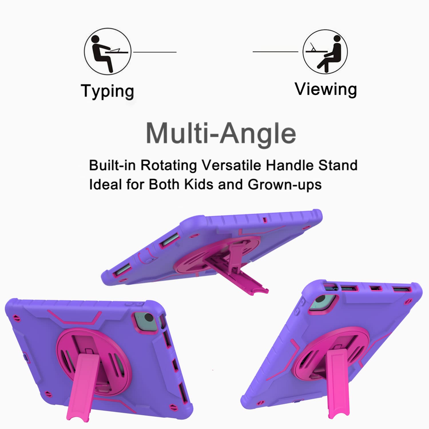 Kids Case for 10.9-inch iPad Air 5th/4th Generation (2022/2020)/iPad Pro 11-inch (2020/2018) with Built-in Screen Protector, 360° Rotating Stand, Hand Strap & Three Layer Cover (Purple + Hot Pink)