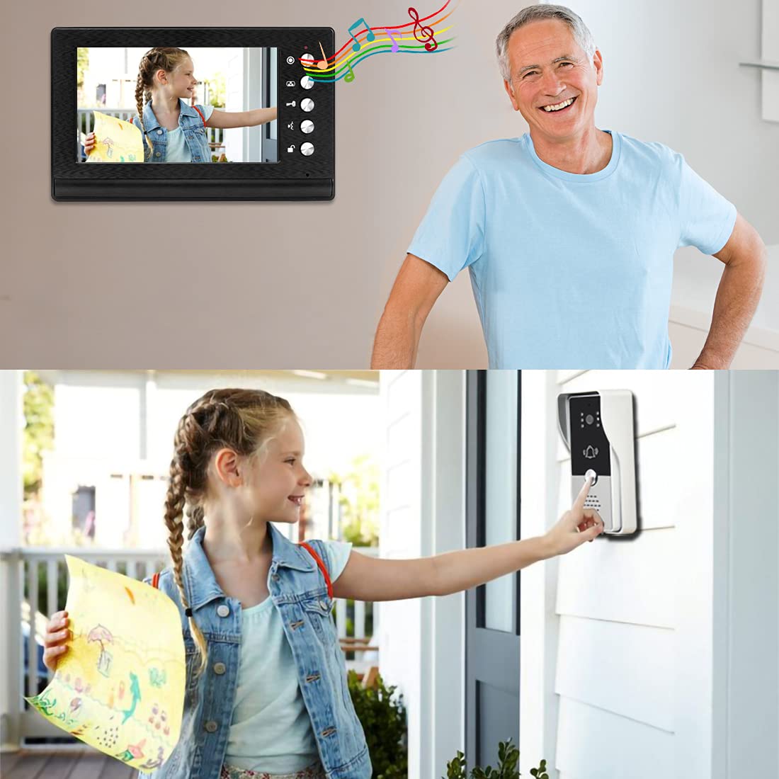 Video Doorbell Intercom System, 7" Monitor Video Door Phone Kits, Wired Video Door Entry System, IR Night Vision Door Camera, Unlock, Dual-Way Intercom Outdoor Indoor for Home Villa (Black)