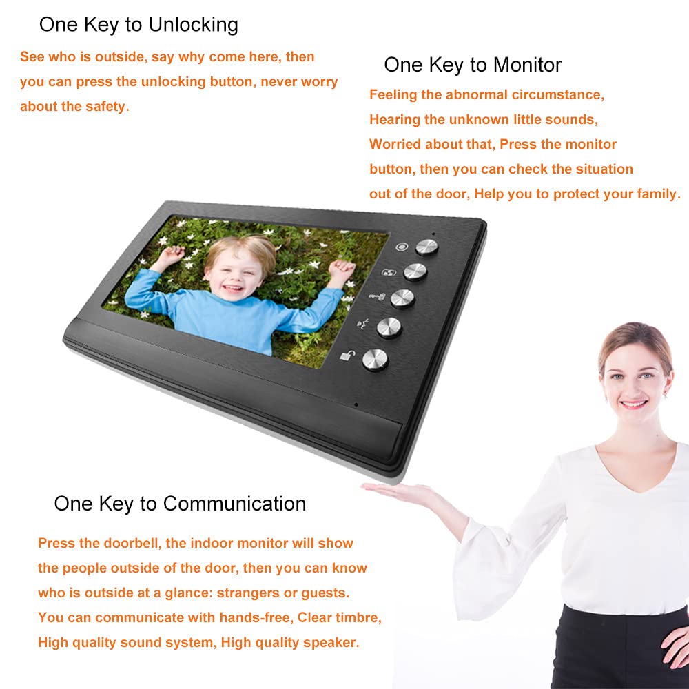 Video Doorbell Intercom System, 7" Monitor Video Door Phone Kits, Wired Video Door Entry System, IR Night Vision Door Camera, Unlock, Dual-Way Intercom Outdoor Indoor for Home Villa (Black)