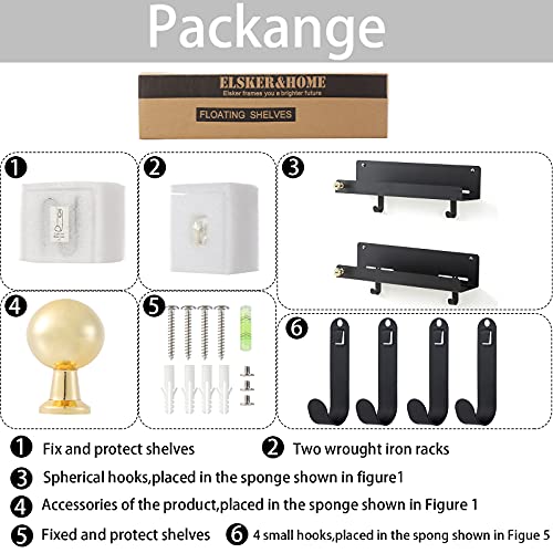 ELSKER&HOME Black Floating Shelves for Wall Mounted,Decorative Metal Shelf with 4 Hooks,Modern Floating Bookshelf Set of 2 Pack,15.8”Lx4”Wx3.6”H