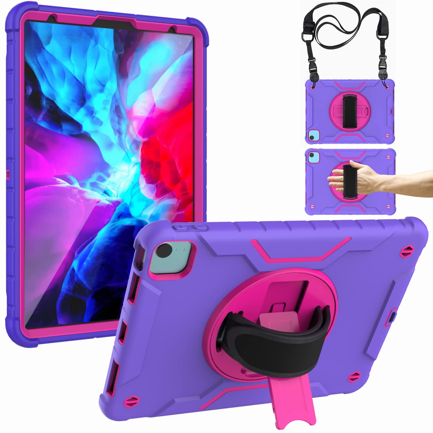 Kids Case for 10.9-inch iPad Air 5th/4th Generation (2022/2020)/iPad Pro 11-inch (2020/2018) with Built-in Screen Protector, 360° Rotating Stand, Hand Strap & Three Layer Cover (Purple + Hot Pink)