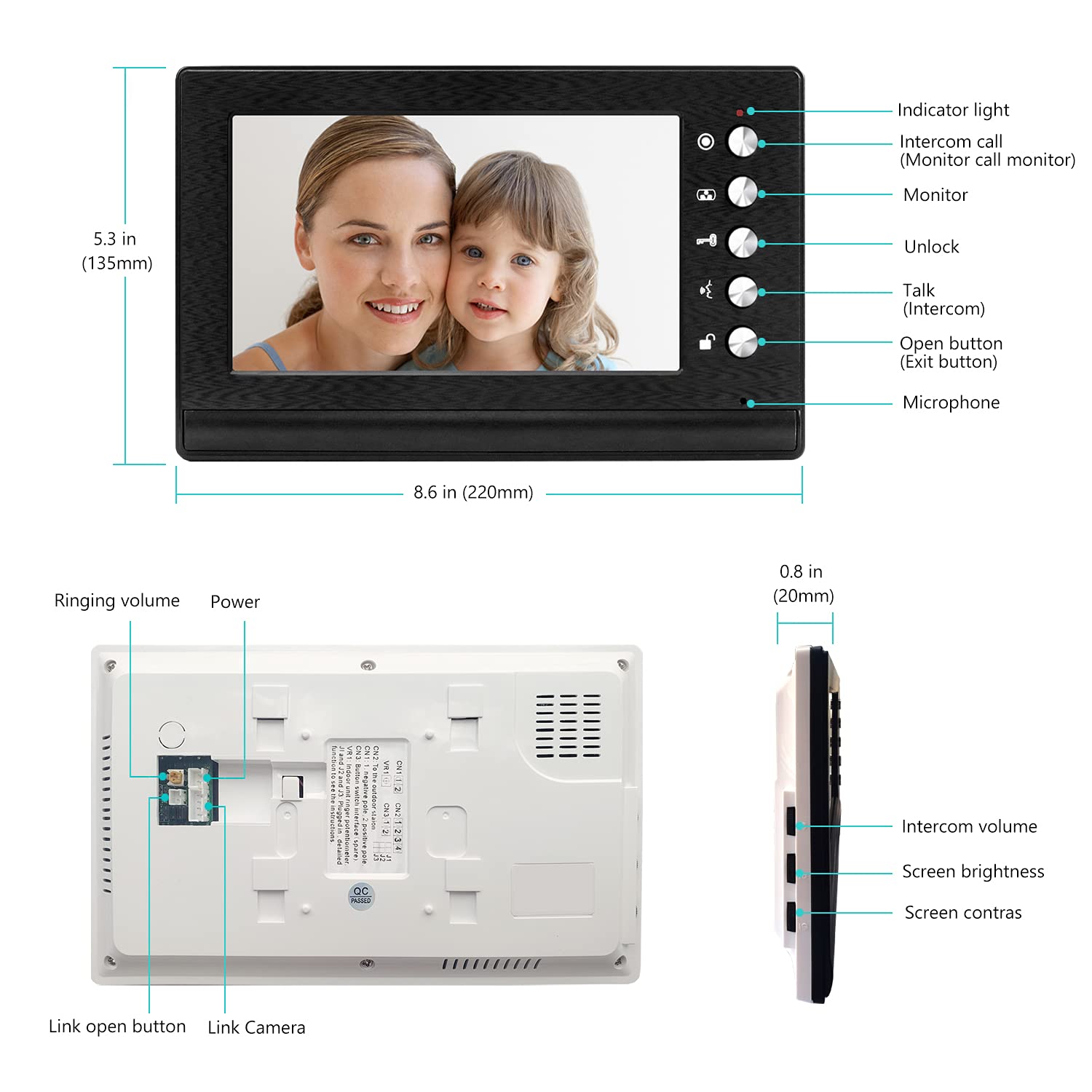 Video Doorbell Intercom System, 7" Monitor Video Door Phone Kits, Wired Video Door Entry System, IR Night Vision Door Camera, Unlock, Dual-Way Intercom Outdoor Indoor for Home Villa (Black)
