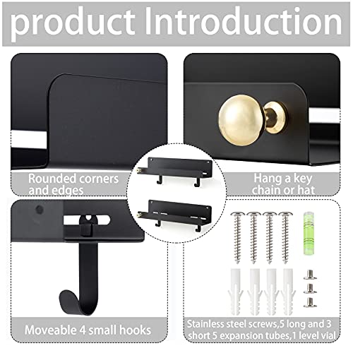ELSKER&HOME Black Floating Shelves for Wall Mounted,Decorative Metal Shelf with 4 Hooks,Modern Floating Bookshelf Set of 2 Pack,15.8”Lx4”Wx3.6”H