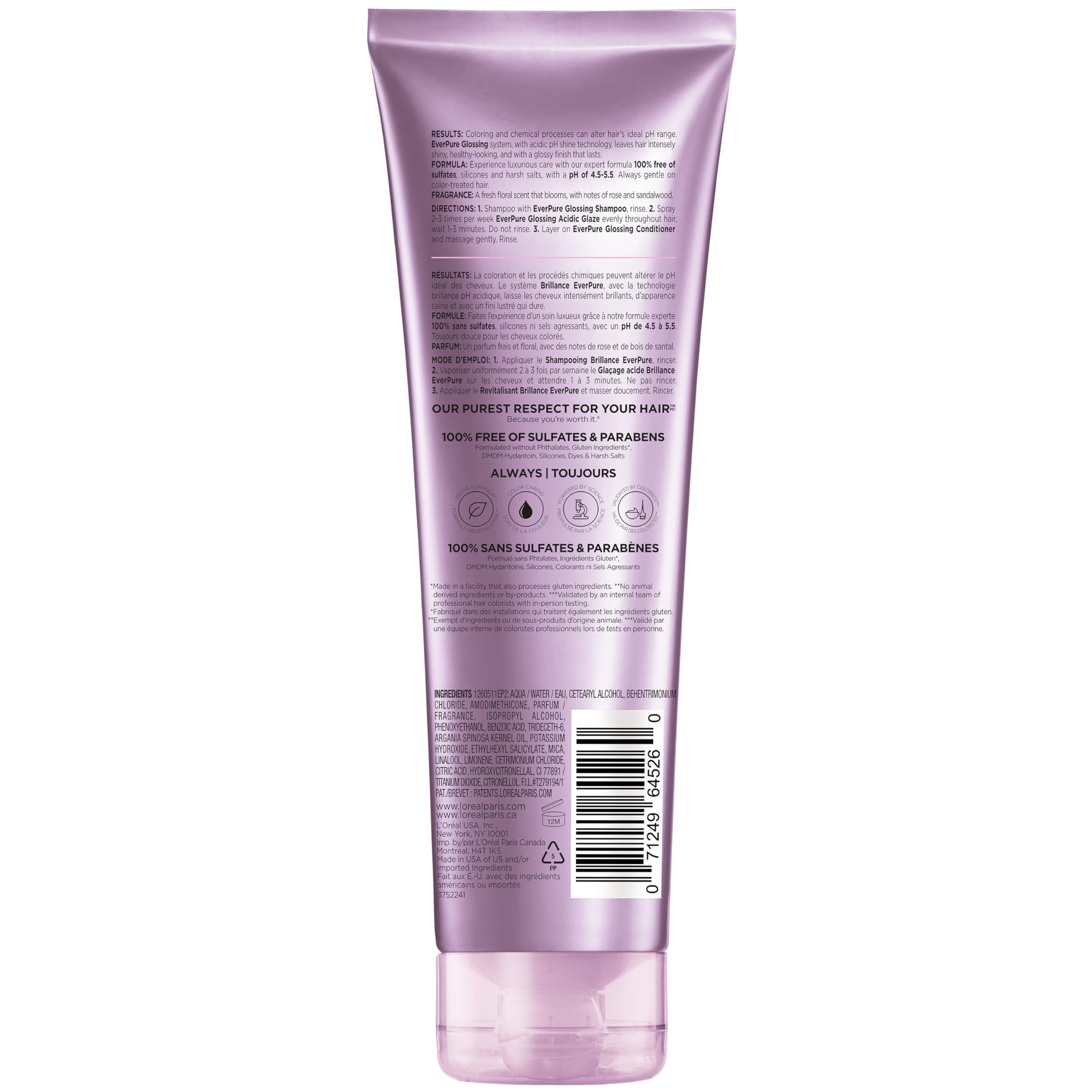 L'Oreal Paris Sulfate Free Glossing Conditioner, Intensifies Hair Shine & Smoothness, pH Balanced & Argan Oil Infused Vegan Hair Care, EverPure, 8.5 Fl Oz