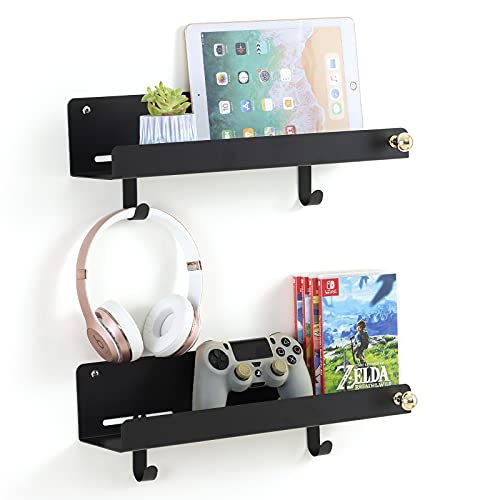 ELSKER&HOME Black Floating Shelves for Wall Mounted,Decorative Metal Shelf with 4 Hooks,Modern Floating Bookshelf Set of 2 Pack,15.8”Lx4”Wx3.6”H