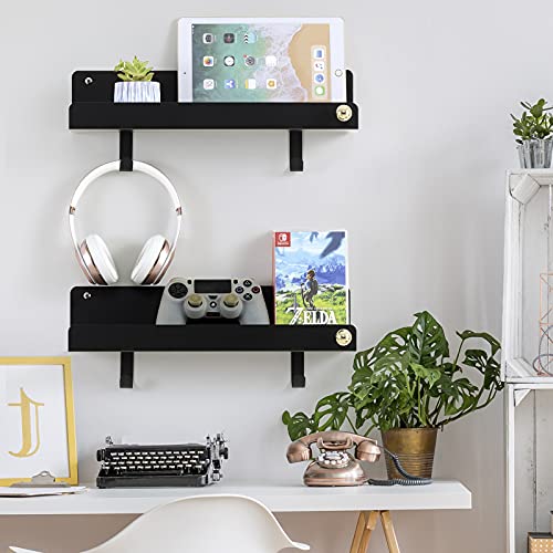 ELSKER&HOME Black Floating Shelves for Wall Mounted,Decorative Metal Shelf with 4 Hooks,Modern Floating Bookshelf Set of 2 Pack,15.8”Lx4”Wx3.6”H