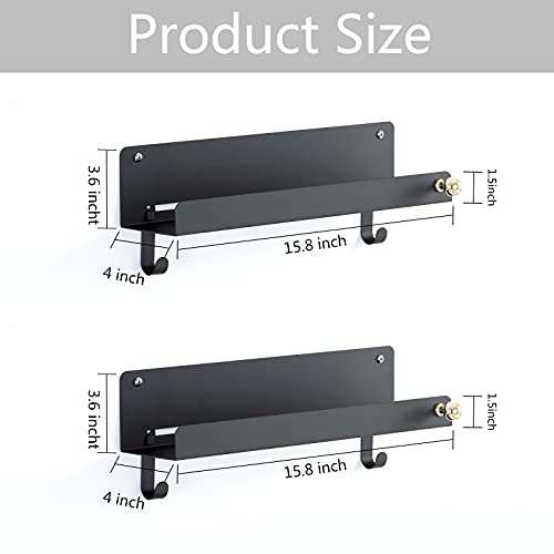 ELSKER&HOME Black Floating Shelves for Wall Mounted,Decorative Metal Shelf with 4 Hooks,Modern Floating Bookshelf Set of 2 Pack,15.8”Lx4”Wx3.6”H