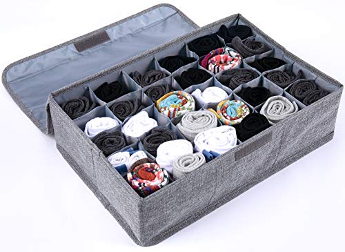 Socks Organizer with Lid, 30 Cell Underwear Drawer Organizer Foldable Closet Storage Box for Ties, Lingeries, Socks - Gray