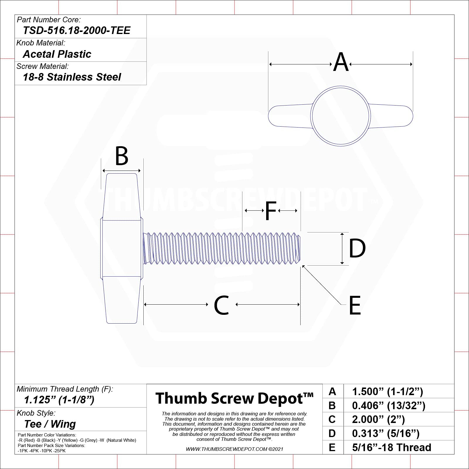 5/16"-18 x 2 Thumb Screw Stainless Steel - Black Tee Wing Plastic Knob - Standard/Coarse Thread Thumbscrew - Length: 2.000" - Proudly Built in USA - Package of (2)