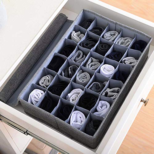 Socks Organizer with Lid, 30 Cell Underwear Drawer Organizer Foldable Closet Storage Box for Ties, Lingeries, Socks - Gray