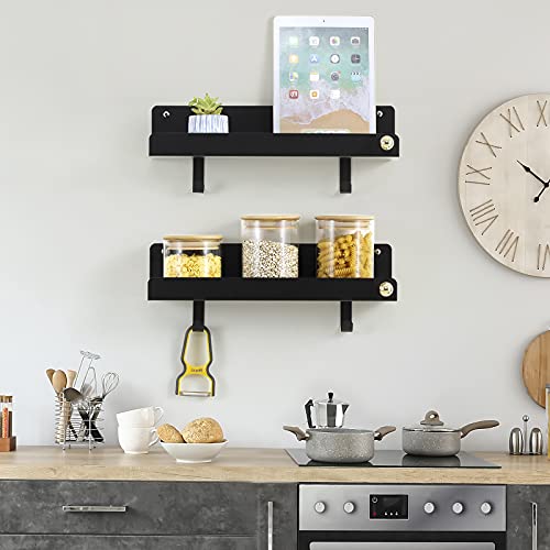 ELSKER&HOME Black Floating Shelves for Wall Mounted,Decorative Metal Shelf with 4 Hooks,Modern Floating Bookshelf Set of 2 Pack,15.8”Lx4”Wx3.6”H