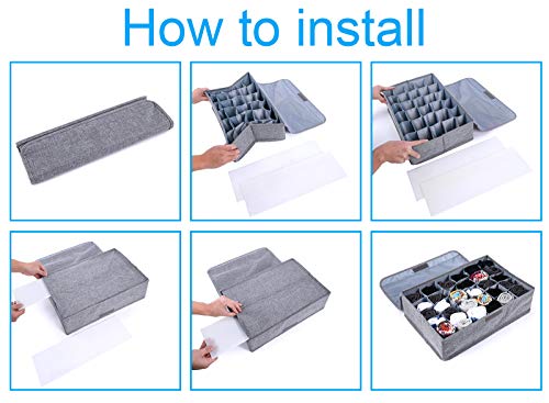 Socks Organizer with Lid, 30 Cell Underwear Drawer Organizer Foldable Closet Storage Box for Ties, Lingeries, Socks - Gray