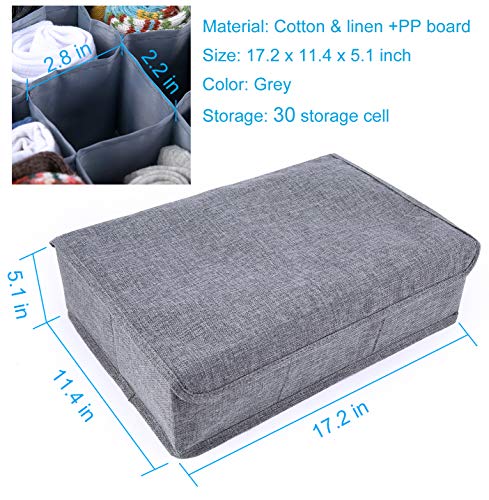 Socks Organizer with Lid, 30 Cell Underwear Drawer Organizer Foldable Closet Storage Box for Ties, Lingeries, Socks - Gray