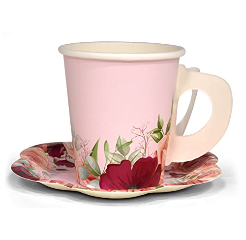 24 Disposable Tea Cups and Saucers Sets Floral Design 7" Flower Scallop Shaped Plates 24 5" Saucer Paper Plate 24 5 oz. Tea Cup with Handle 48 Lunch Napkins for Spring Wedding Birthday Party Supplies