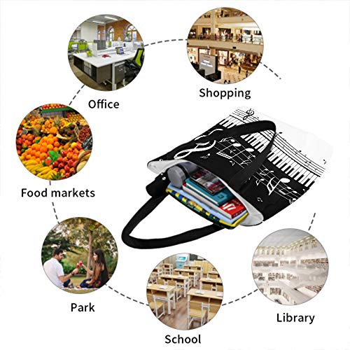 Moslion Music Note Canvas Bags Piano Keys Musical Keyboard Black White Tote Bags Laptop Bags Large Bulk Reusable for Women Men Work Study 15x16 Inch