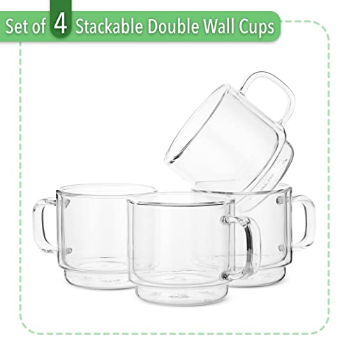 BTaT- Stackable Insulated Coffee Mugs, Glass Tea Mugs, Set of 4 (12 oz, 350 ml), Double Wall Glass Coffee Cups, Tea Cups, Latte Cups, Beer Glasses, Latte Mug, Clear Mugs, Mother's Day Gift