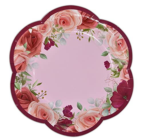 24 Disposable Tea Cups and Saucers Sets Floral Design 7" Flower Scallop Shaped Plates 24 5" Saucer Paper Plate 24 5 oz. Tea Cup with Handle 48 Lunch Napkins for Spring Wedding Birthday Party Supplies
