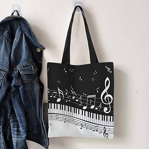 Moslion Music Note Canvas Bags Piano Keys Musical Keyboard Black White Tote Bags Laptop Bags Large Bulk Reusable for Women Men Work Study 15x16 Inch