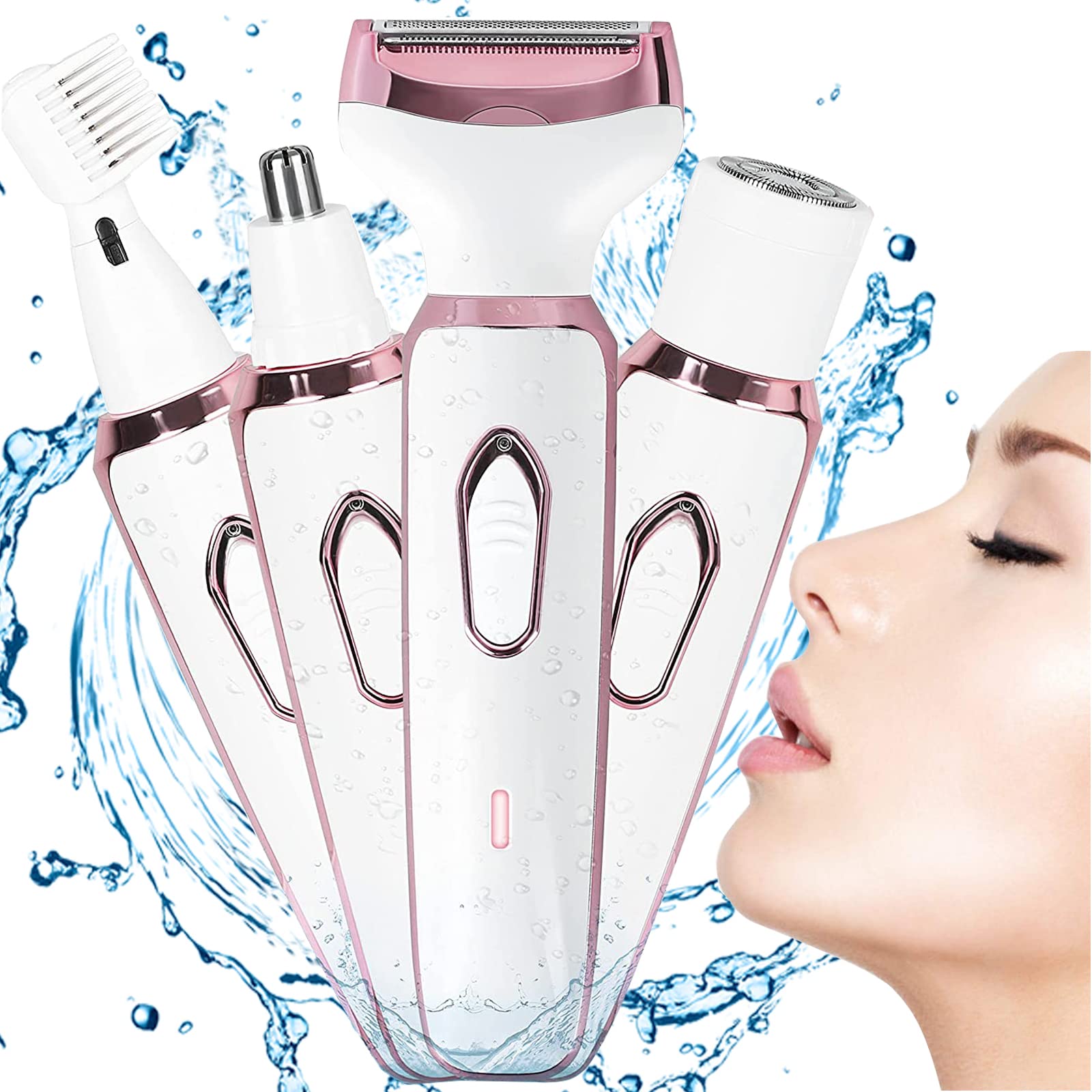 Electric Razor for Women, Hair Trimmer for Underarms Nose Eyebrows and Legs, Painless 4 in 1 Bikini Pop-Up Trimmer Rechargeable with Detachable Head, Wet and Dry Cordless Hair Clipper
