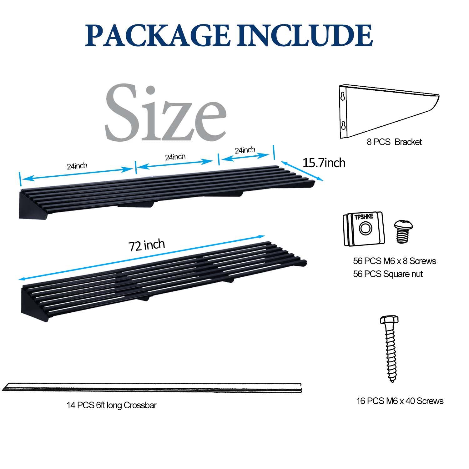 TPSHKE 2 Tier 1.29x6 ft, Garage Wall Shelving, 500LBS Heavy Duty Floating Shelves, 2-Pack 15.6x72 inch Garage Shelving Wall Mounted, Black