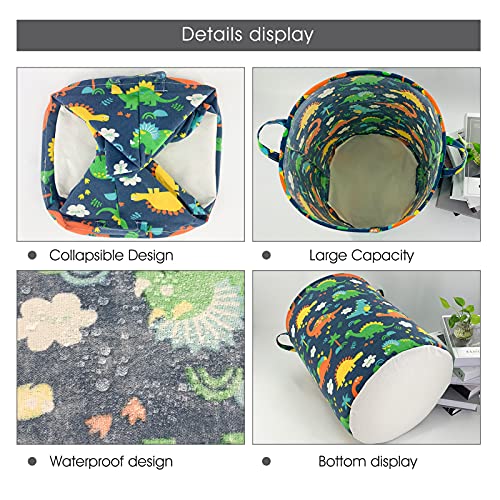 Mziart Large Storage Baskets Foldable Nursery Toys Box Storage Bins Canvas Fabric Gift Baskets Collapsible Laundry Basket Waterproof Clothes Organizer Laundry Hamper with Handles (Blue Dinosaurs)