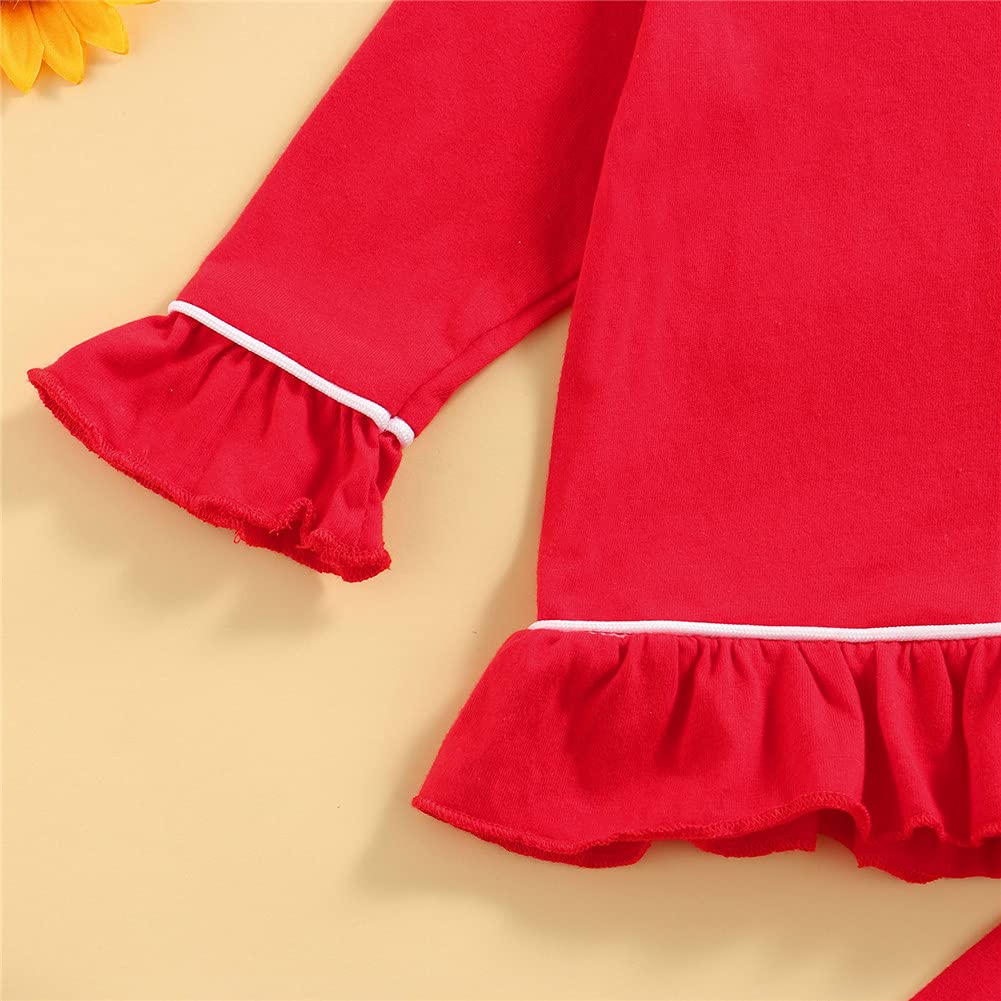 Ayalinggo Toddler Kids Baby Girl Solid Pjs Ruffle Long Sleeve Button Shirt Top and Pants Cotton 2Piece Pajamas Set (Red, 2-3T)
