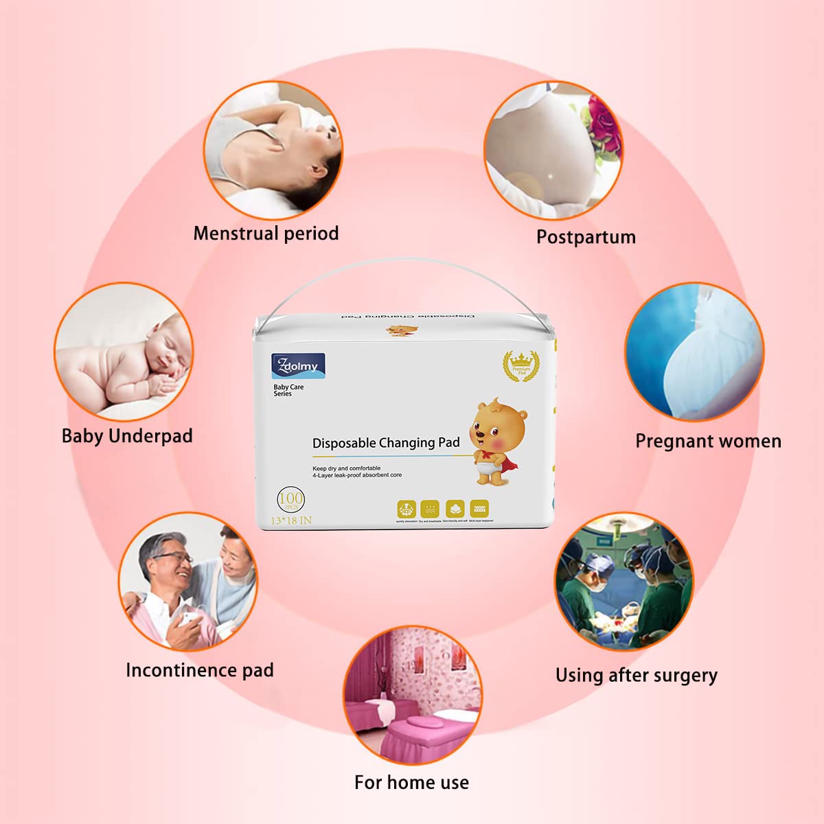 Zdolmy 100 Pack Baby Disposable Changing Pads, Disposable Underpads Waterproof Diaper Changing Pad, Super Soft, Ultra Absorbent & Waterproof, Breathable Underpads Bed Table Protector Mat