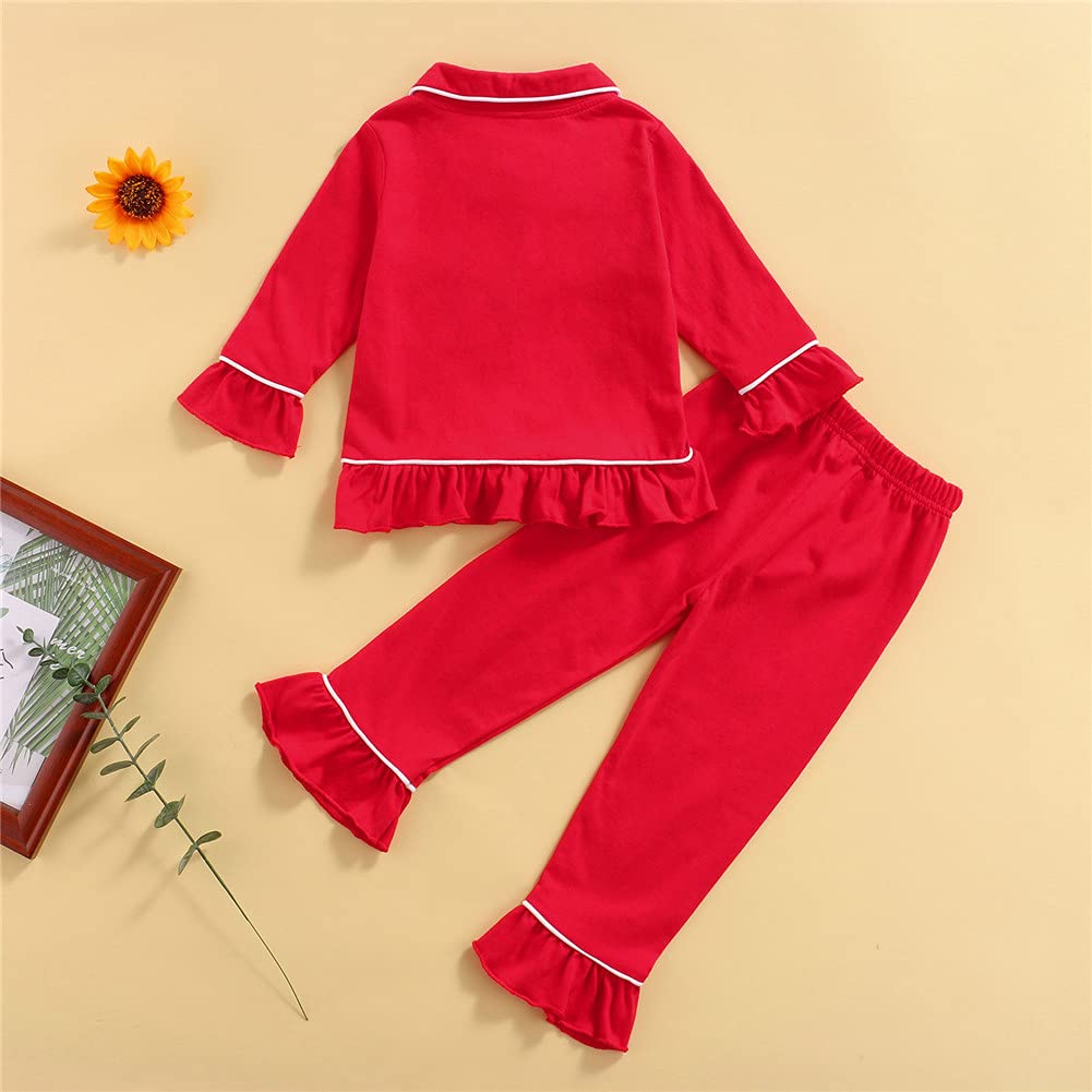 Ayalinggo Toddler Kids Baby Girl Solid Pjs Ruffle Long Sleeve Button Shirt Top and Pants Cotton 2Piece Pajamas Set (Red, 2-3T)