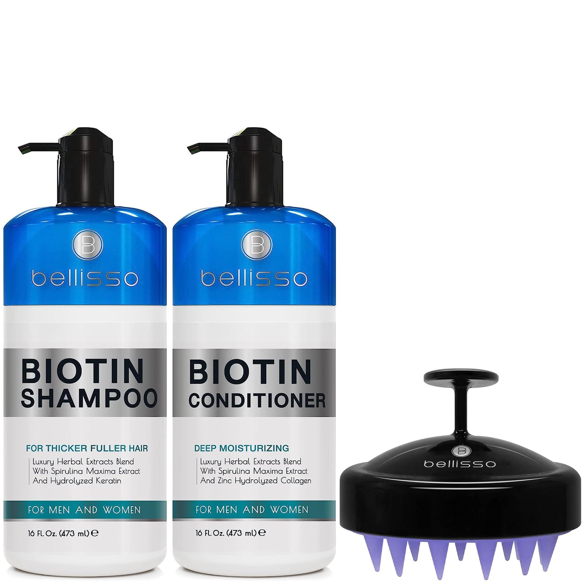 BELLISSO Scalp Massager and Wet Shampoo Brush and Biotin Shampoo and Conditioner Set
