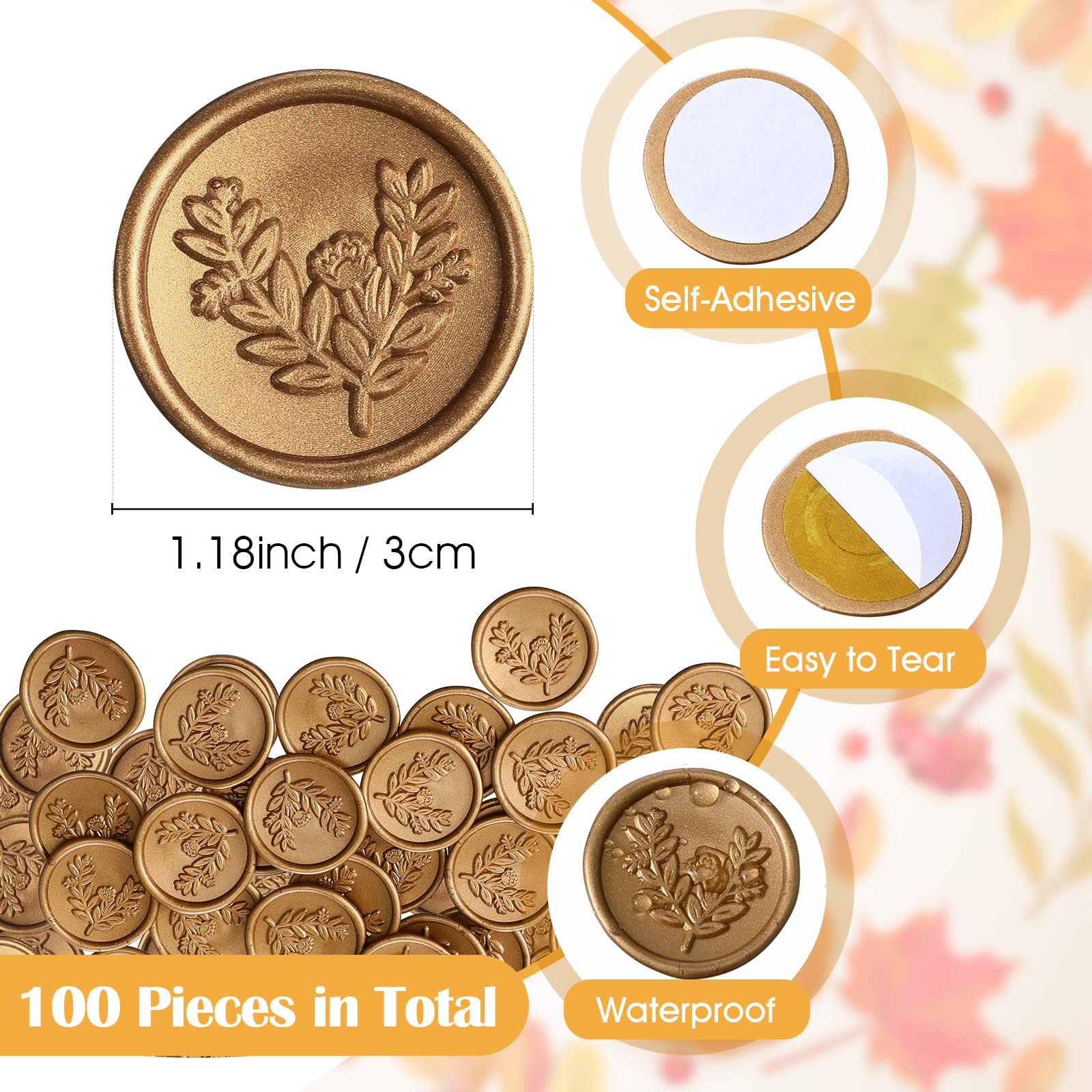 Wax Seal Stickers Envelope Seal Stickers Wedding Invitation Envelope Seals Self Adhesive Gold Stickers for Party Invitaion, Christmas, Gift Wrapping (Eucalyptus Style, 100 Pieces)