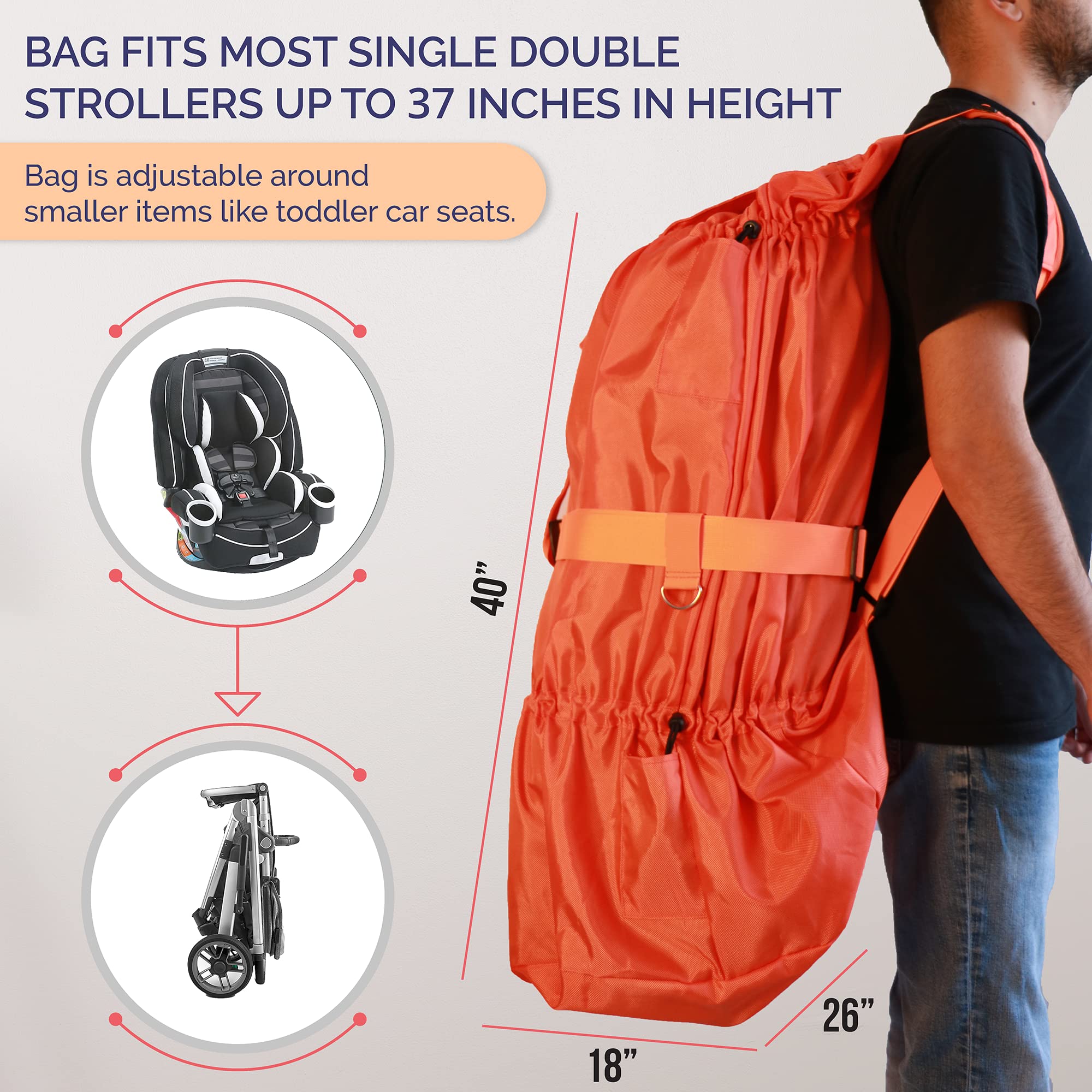 Da Rush Stroller Bag for Airplane Travel - Heavy Duty Multifunctional Stroller Bag with Luggage Strap to Use as Car Seat Travel Belt - 3 in 1 Gate Check Bag that Fits Standard or Double Strollers
