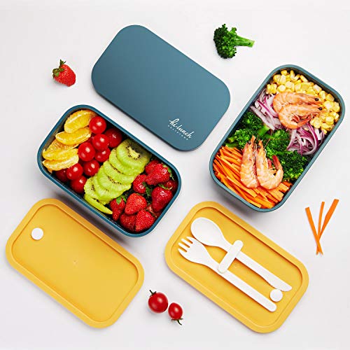 Bento Lunch Box - All-in-One Stackable Japanese Bento Box - Leakproof Eco-Friendly Meal Prep Containers for Men Women, Microwave and Dishwasher Safe,Easy Wash (Blue)
