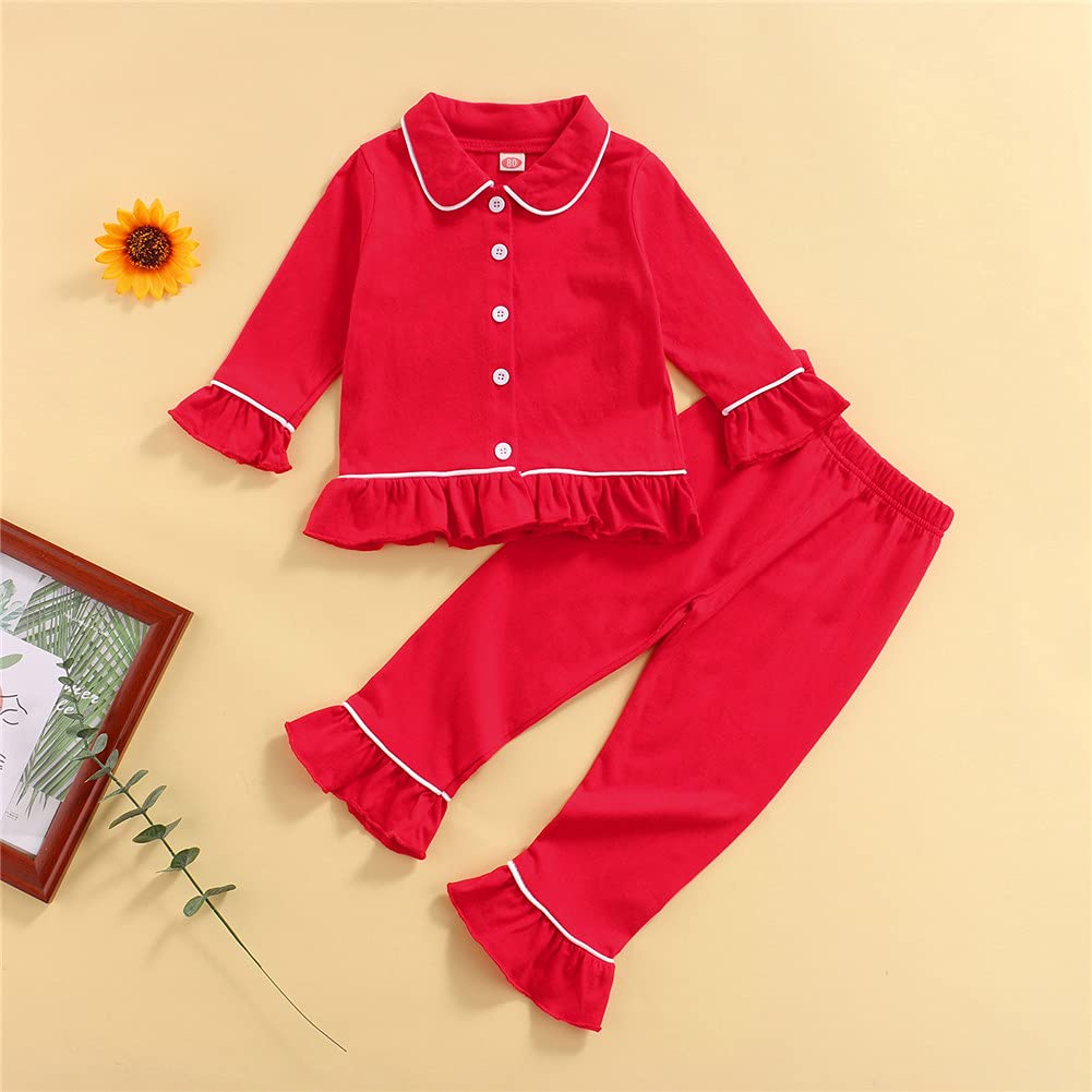 Ayalinggo Toddler Kids Baby Girl Solid Pjs Ruffle Long Sleeve Button Shirt Top and Pants Cotton 2Piece Pajamas Set (Red, 2-3T)